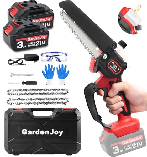 Mini Chainsaw 6-Inch Battery Powered - GardenJoy Cordless Power Handheld Chainsaw with 2 Batteries and Fast Charger, 21V Portable Small Electric Chain Saws for Tree Trimming Wood Cutting