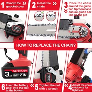 Mini Chainsaw 6-Inch Battery Powered - GardenJoy Cordless Power Handheld Chainsaw with 2 Batteries and Fast Charger, 21V Portable Small Electric Chain Saws for Tree Trimming Wood Cutting