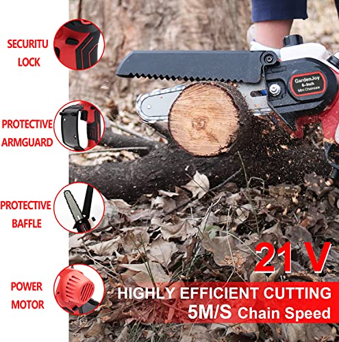 Mini Chainsaw 6-Inch Battery Powered - GardenJoy Cordless Power Handheld Chainsaw with 2 Batteries and Fast Charger, 21V Portable Small Electric Chain Saws for Tree Trimming Wood Cutting