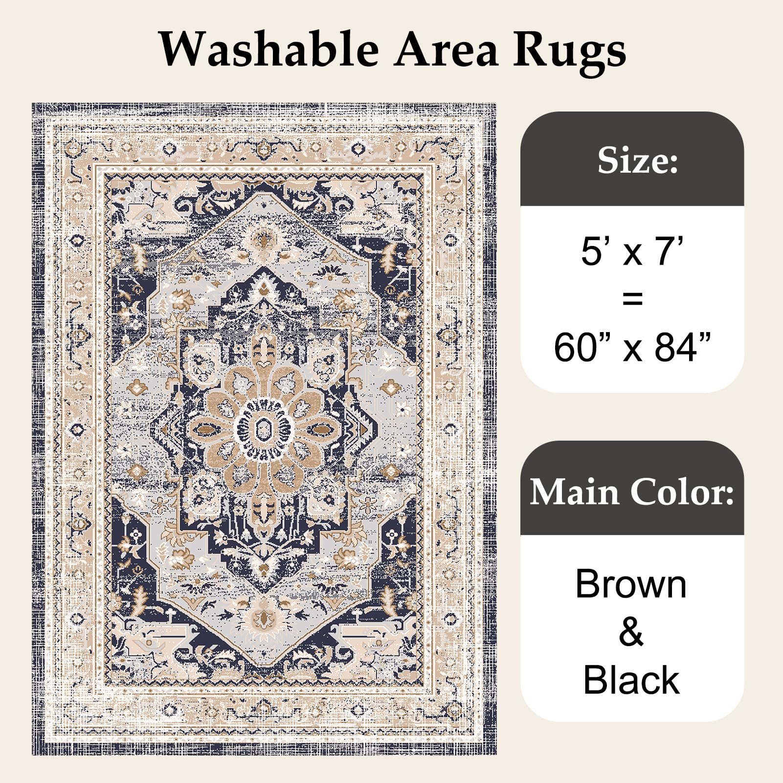 VK VK·LIVING Machine Washable Rug 5'x7' Vintage Design Washable Area Rugs with Non Slip Rugs for Living Room Bedroom Traditional Woven Rug Carprt Stain Resistant, Dining Office Boho Rug, Brown&Black