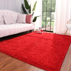 keeko area rugs for living room bedroom, 6x9 red fluffy washable large area rug soft shag fuzzy shaggy carpet high pile modern area farmhouse rug non shedding indoor rugs for kids girls room decor