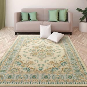 antep rugs alfombras oriental traditional 5x7 non-skid (non-slip) low profile pile rubber backing indoor area rugs (blue beige, 5' x 7')