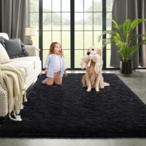 kimicole black area rug for bedroom living room carpet home decor, upgraded 6x9 cute fluffy rug for apartment dorm room essentials for teen girls kids, shag nursery rugs for baby room decorations