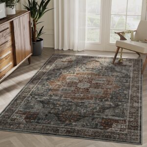 roxstand 8x10 area rugs for living room, vintage washable rug with non-slip backing, stain resistant large area rug for dining room, soft rugs for bedroom (grey/brown/tan, 8'x10')