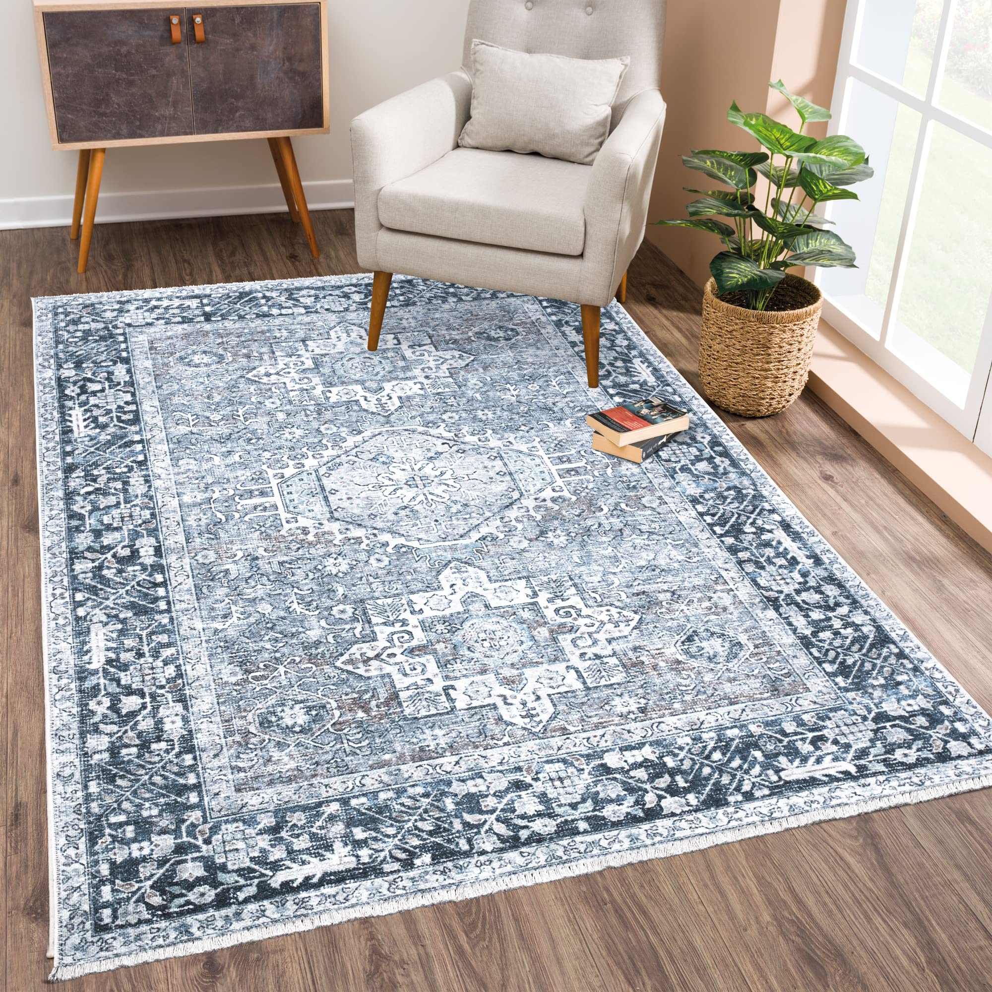 Bloom Rugs Caria Washable Non-Slip 9x12 Rug - Navy Blue Traditional Area Rug for Living Room, Bedroom, Dining Room, and Kitchen - Exact size: 9' x 12'