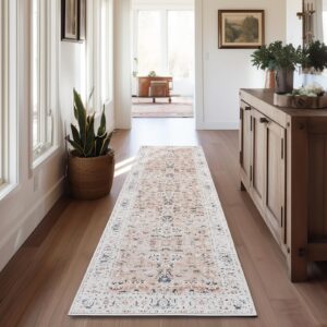 jinchan hallway runner rug 2x7 - vintage rug kitchen washable runner rug floral boho floor cover non slip thin rug retro distressed carpet for bathroom laundry room bedroom stairway pink blush