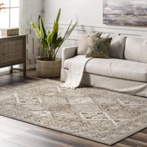 nuloom 5x8 becca traditional tiled area rug, taupe, faded transitional design, stain resistant, for bedroom, dining room, living room, hallway, office, kitchen, entryway