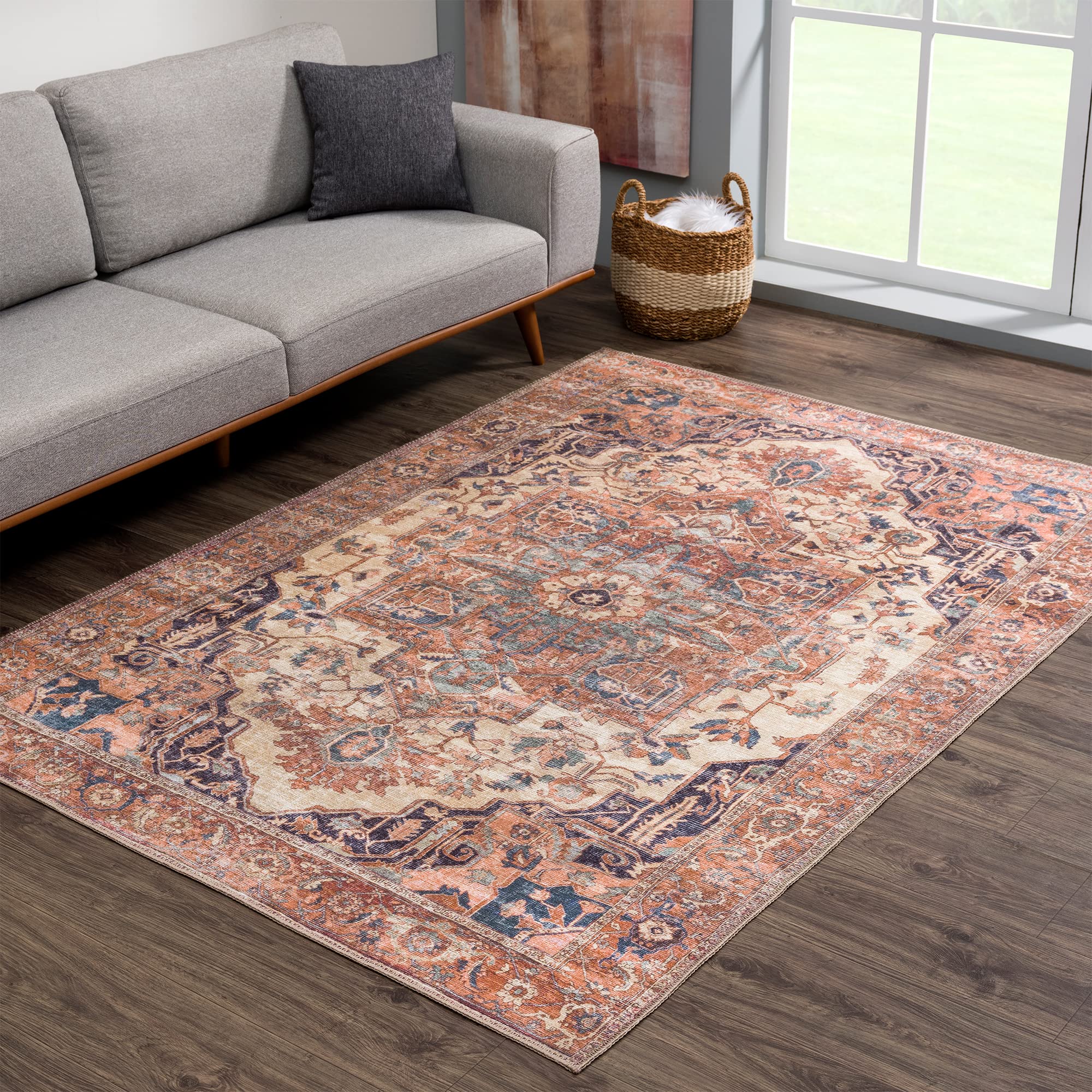 Bloom Rugs Washable 9' x 12' Rug - Beige/Terracotta Traditional Area Rug for Living Room, Bedroom, Dining Room, and Kitchen - Exact size: 9' x 12'