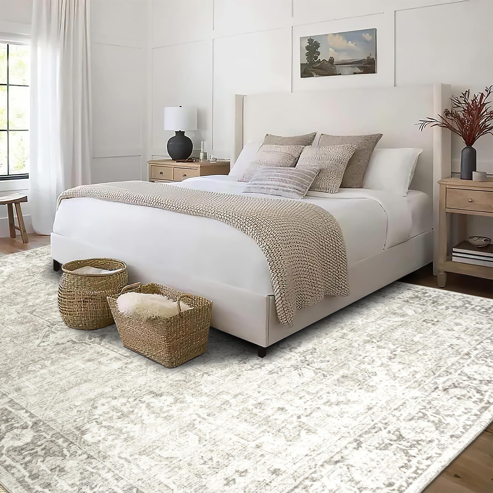 ReaLife Machine Washable Area Rug - Living Room Bedroom Bathroom Kitchen Entryway Office - Non Slip Low Pile Stain Resistant Premium - Boho Farmhouse Vintage - Lyle - Beige Ivory 4' x 6'