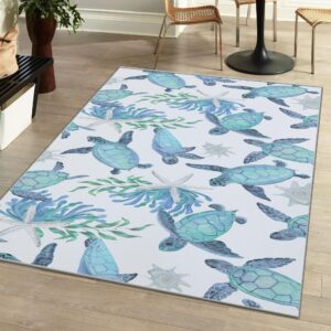 tritard coastal sea turtles area rugs beach themed nautical non slip area rugs stain resistant washable accent rugs non shedding floor carpet for living room bedroom, teal, 8x10 feet