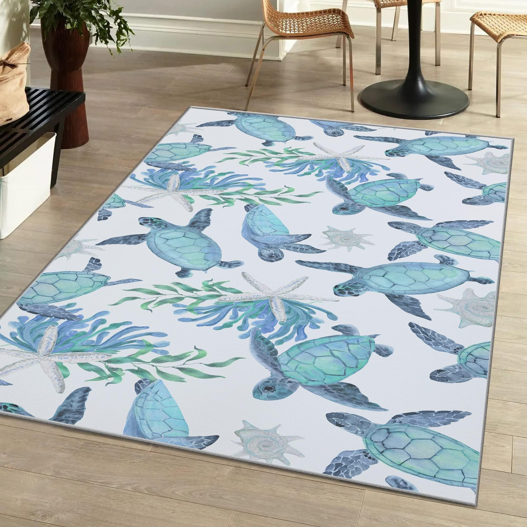 Tritard Coastal Sea Turtles Area Rugs Beach Themed Nautical Non Slip Area Rugs Stain Resistant Washable Accent Rugs Non Shedding Floor Carpet for Living Room Bedroom, Teal, 8x10 Feet