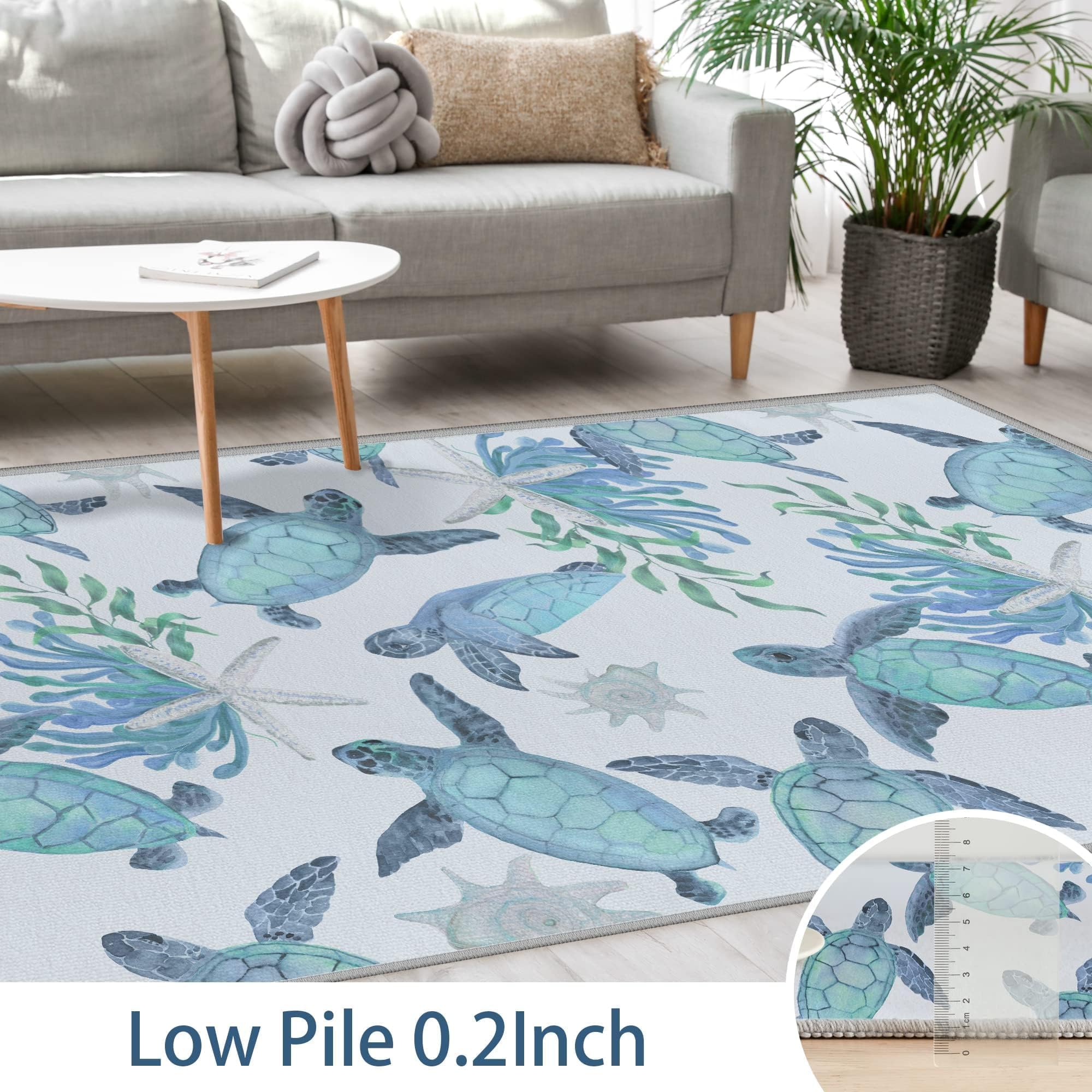 Tritard Coastal Sea Turtles Area Rugs Beach Themed Nautical Non Slip Area Rugs Stain Resistant Washable Accent Rugs Non Shedding Floor Carpet for Living Room Bedroom, Teal, 8x10 Feet