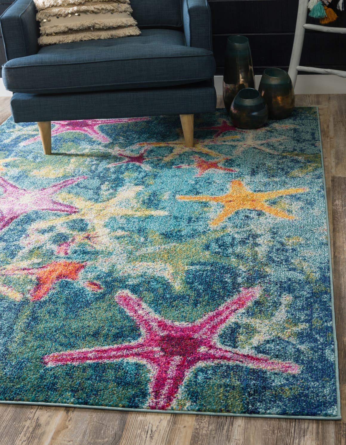 Unique Loom Positano Collection Coastal Modern Bright Colors Starfish Navy Blue Area Rug (9' x 12')