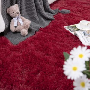 DETUM Wine Red Rug 4X6 Rugs for Bedroom Fluffy Christmas Area Rug Soft Living Room Shag Rug Large Furry Rug Washable and Nonslip Carpets Modern Home Decoration