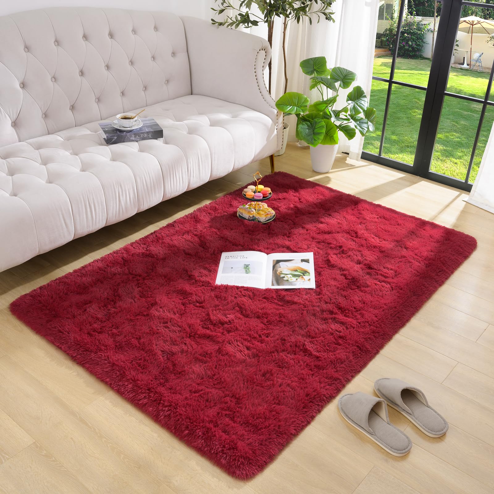 DETUM Wine Red Rug 4X6 Rugs for Bedroom Fluffy Christmas Area Rug Soft Living Room Shag Rug Large Furry Rug Washable and Nonslip Carpets Modern Home Decoration