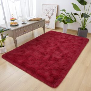 DETUM Wine Red Rug 4X6 Rugs for Bedroom Fluffy Christmas Area Rug Soft Living Room Shag Rug Large Furry Rug Washable and Nonslip Carpets Modern Home Decoration