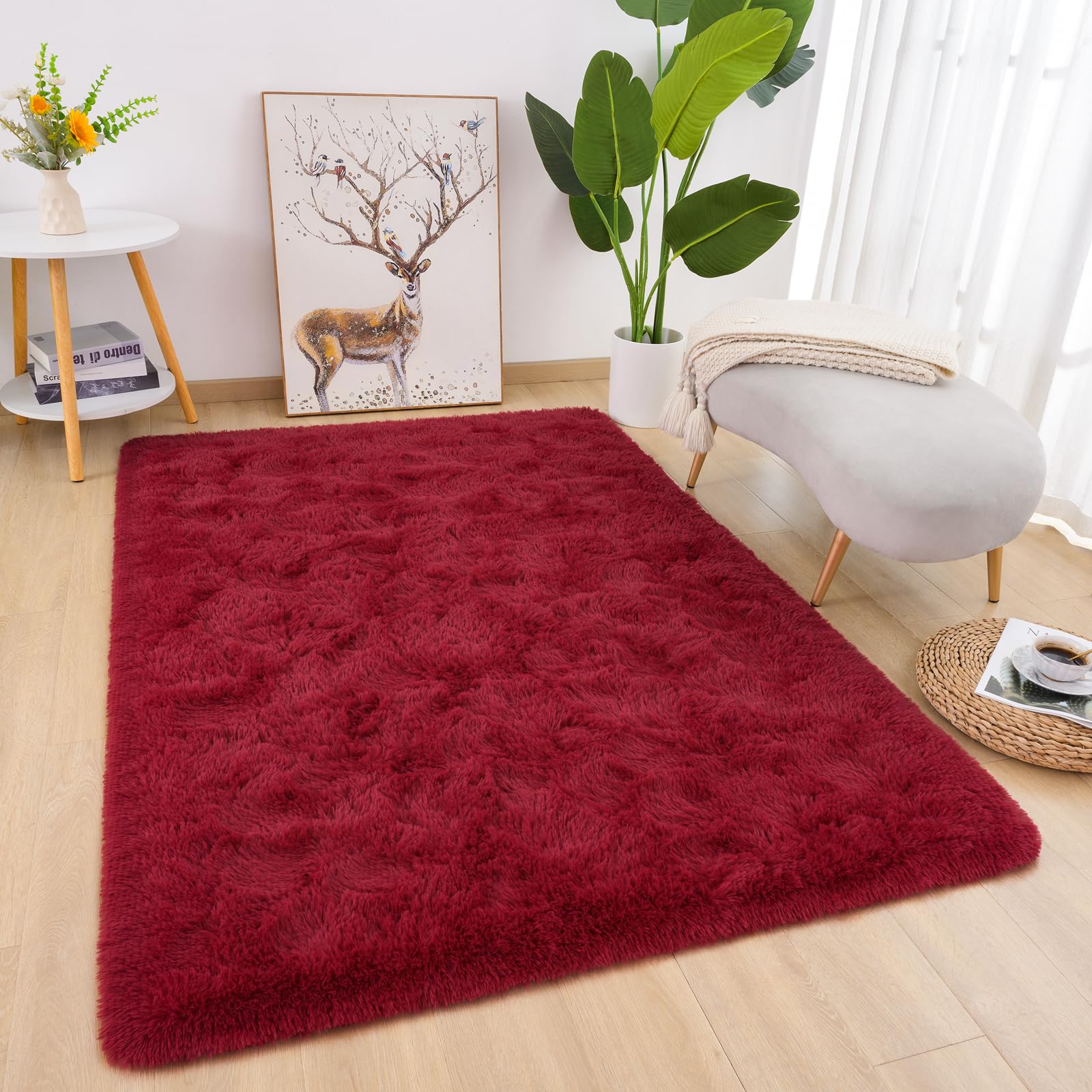 DETUM Wine Red Rug 4X6 Rugs for Bedroom Fluffy Christmas Area Rug Soft Living Room Shag Rug Large Furry Rug Washable and Nonslip Carpets Modern Home Decoration