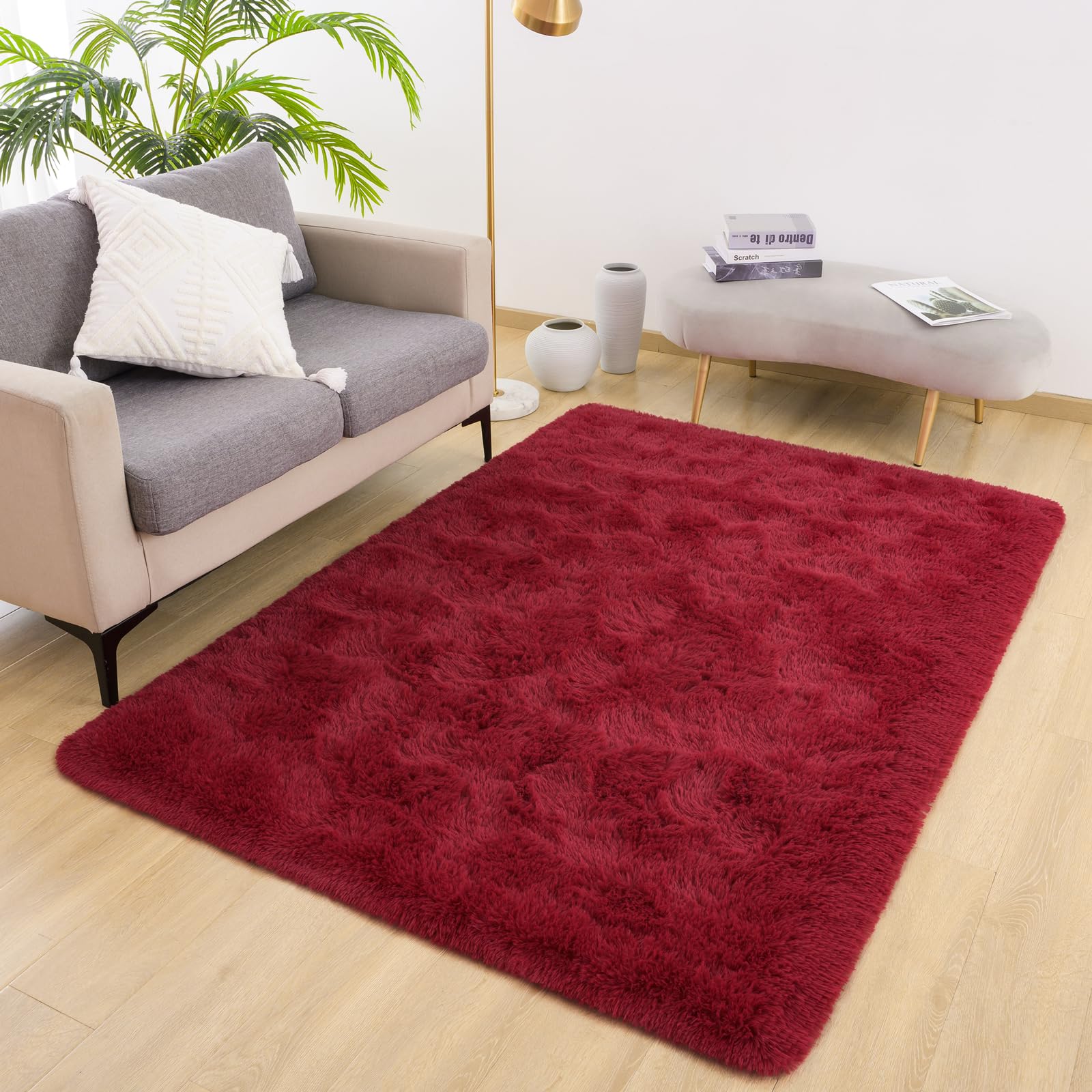 DETUM Wine Red Rug 4X6 Rugs for Bedroom Fluffy Christmas Area Rug Soft Living Room Shag Rug Large Furry Rug Washable and Nonslip Carpets Modern Home Decoration