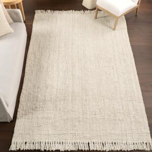 nuloom 6x9 daniela jute tassel hand woven area rug, off white, solid chunky farmhouse design, natural fiber, for bedroom, dining room, living room, hallway, office, entryway