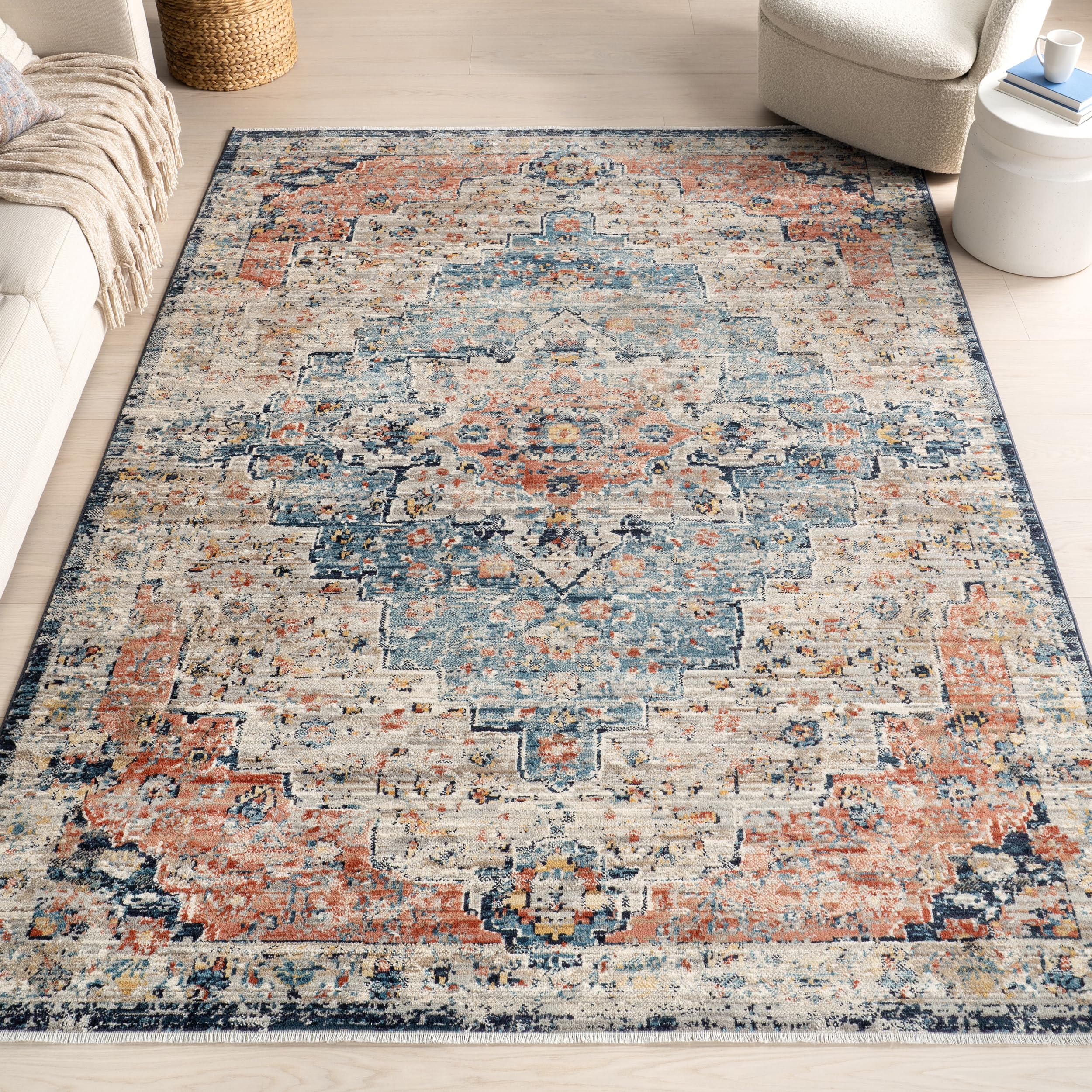 nuLOOM Sawyer Vintage Transitional Area Rug - 8 Square Area Rug Vintage Multi/Ivory Rugs for Living Room Bedroom Dining Room Kitchen