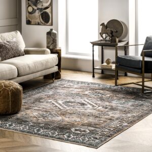 nuloom 8x10 machine washable rain haven vintage medallion area rug, rust, traditional faded design, non-slip backing, stain resistant, for bedroom, dining room, living room, kitchen