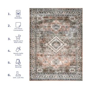 nuLOOM 8x10 Machine Washable Rain Haven Vintage Medallion Area Rug, Rust, Traditional Faded Design, Non-Slip Backing, Stain Resistant, For Bedroom, Dining Room, Living Room, Kitchen