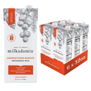 milkadamia macadamia milk - unsweetened barista - 32 fl oz (pack of 6) - lactose free milk, vegan shelf stable milk, plant based non dairy milk, organic dairy free macadamia nut milk