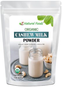 z natural foods cashew milk powder, cashew milk for healthy heart, bones, and skin, ideal for tea, smoothies, and recipes, high in fiber, non-gmo, vegan, gluten-free, kosher, 1 lb.