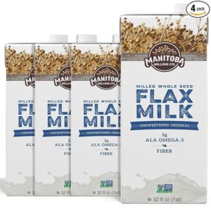 manitoba milling company unsweetened flax milk, 32 ounce (unsweetened original) 4pk, plant-based non-dairy milk alternative with omega-3, 4 g protein, fiber, lignans | shelf stable