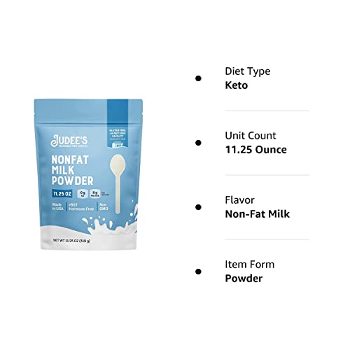 Judee’s Non-Fat Milk Powder 11.25 oz - 100% Non-GMO, Keto-Friendly - rBST Hormone-Free, Gluten-Free and Nut-Free - Good Source of Protein and Calcium - Made in USA