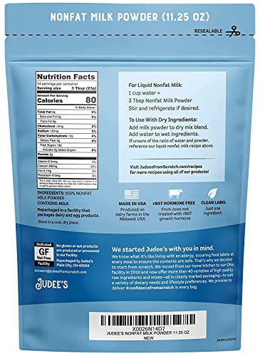 Judee’s Non-Fat Milk Powder 11.25 oz - 100% Non-GMO, Keto-Friendly - rBST Hormone-Free, Gluten-Free and Nut-Free - Good Source of Protein and Calcium - Made in USA