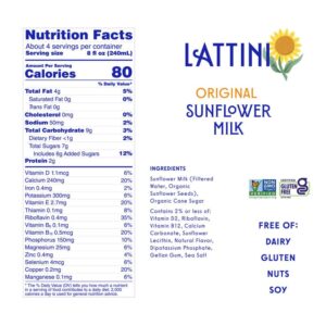 Lattini Original Non-Dairy Sunflower Milk | Plant-Based, Vegan, Sustainable, Non-GMO - Allergen Free Milk Alternative 32 fl oz (Pack of 6)