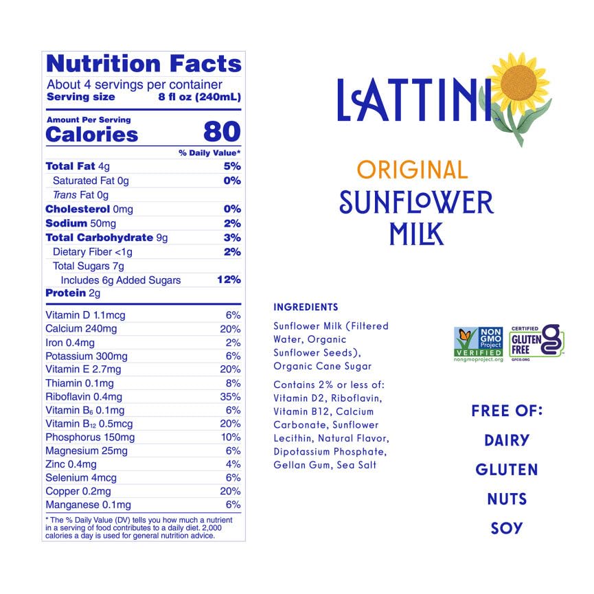 Lattini Original Non-Dairy Sunflower Milk | Plant-Based, Vegan, Sustainable, Non-GMO - Allergen Free Milk Alternative 32 fl oz (Pack of 6)