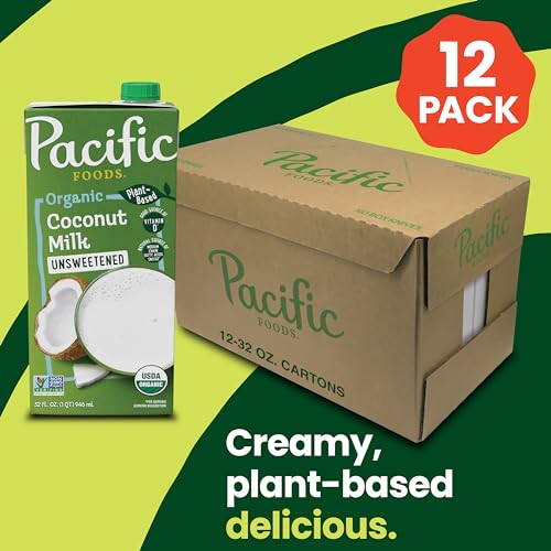 Pacific Foods Organic Unsweetened Coconut Milk, Plant Based Milk, 32 oz Carton (12 Pack)