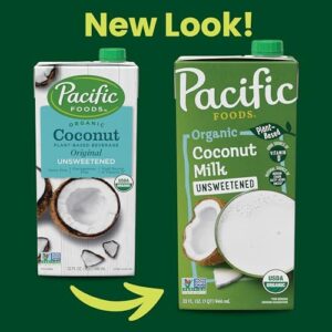 Pacific Foods Organic Unsweetened Coconut Milk, Plant Based Milk, 32 oz Carton (12 Pack)