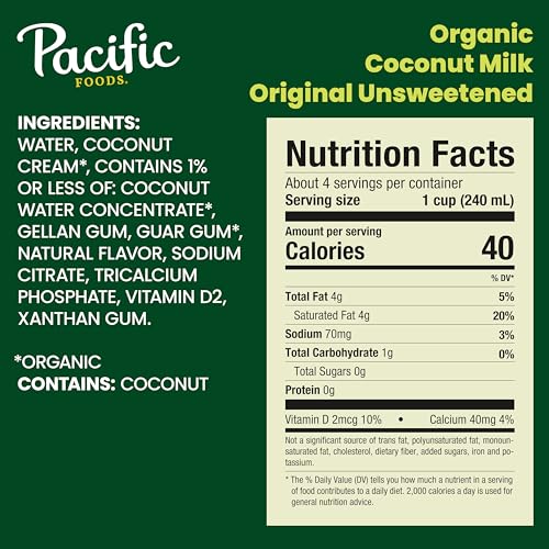 Pacific Foods Organic Unsweetened Coconut Milk, Plant Based Milk, 32 oz Carton (12 Pack)