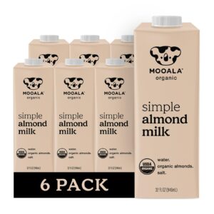 mooala organic simple almond milk, 32oz - 3 ingredient, shelf stable, no gums, no oils, no fillers, unsweetened, non-gmo, no additives, dairy free plant based milk, 6 pack