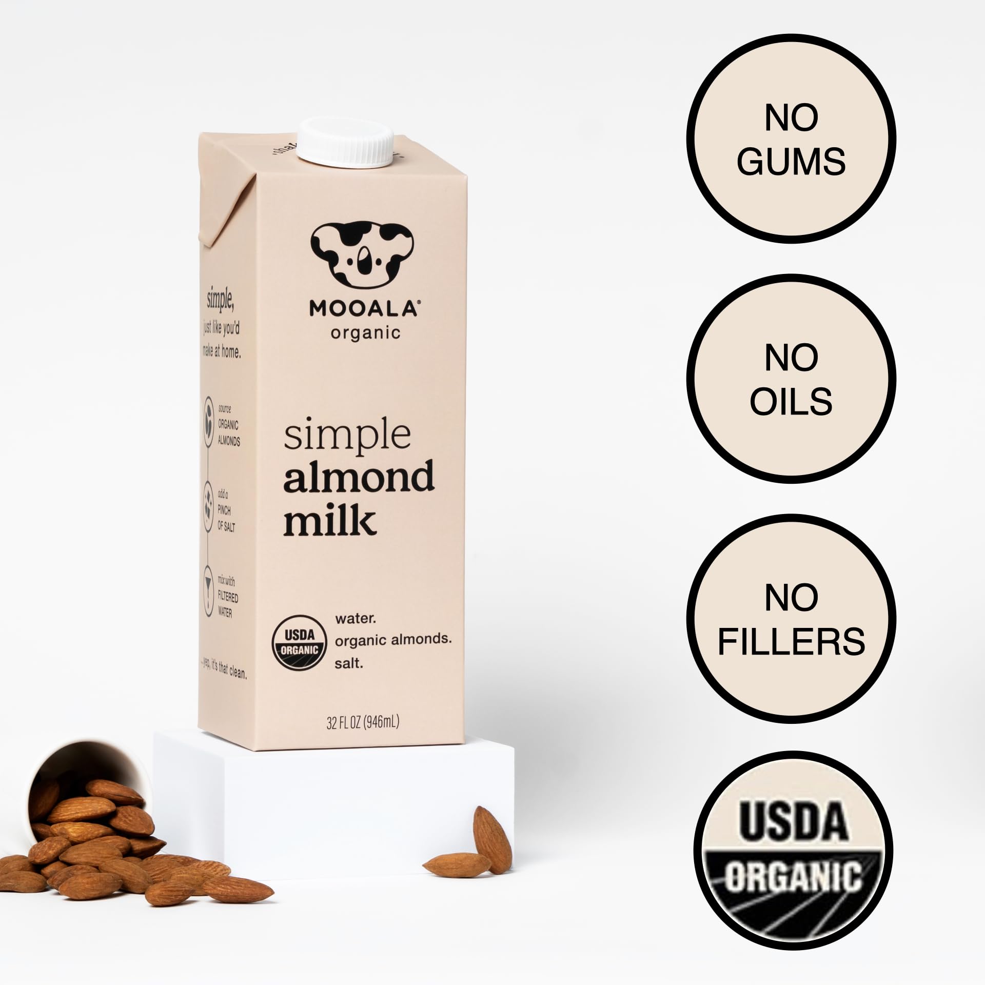 Mooala Organic Simple Almond Milk, 32oz - 3 Ingredient, Shelf Stable, No Gums, No Oils, No Fillers, Unsweetened, Non-GMO, No Additives, Dairy Free Plant Based Milk, 6 pack