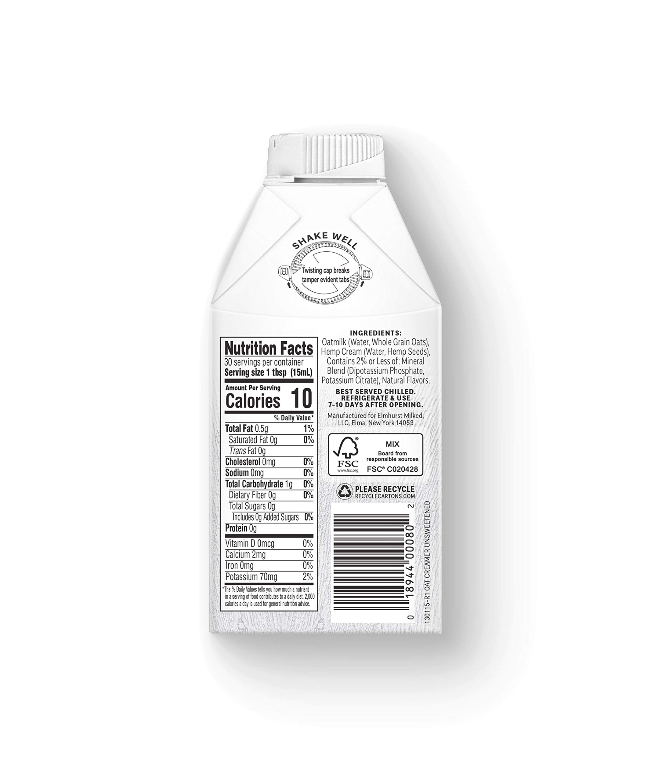 Elmhurst 1925 Unsweetened Oat Creamer, Plant-Based, Vegan, 16 Ounce (Pack of 6)