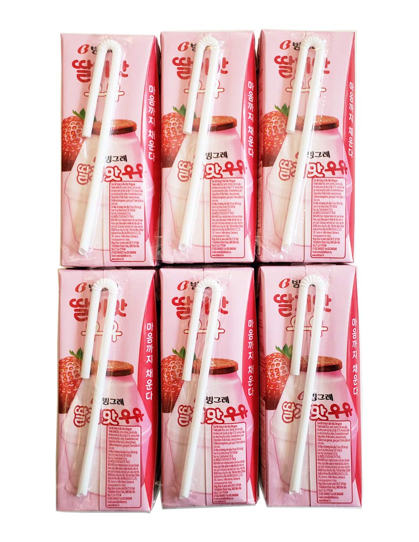 Binggrae Fresh Strawberry UHT Milk Dairy Products, South Korea (Packs of 6)