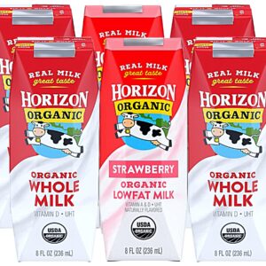 Organic Milk, Horizon Organic Whole Milk | Shelf Stable Milk, Grass Fed Milk Assortment of Plain, Vanilla, Chocolate, & Strawberry, Lowfat On-The-Go Milk Boxes for Kids & Adults| Includes Calcium, Vitamin A, Vitamin D & 8g of Protein, Non GMO Milk 8 Fl Oz