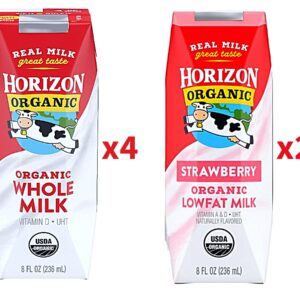 Organic Milk, Horizon Organic Whole Milk | Shelf Stable Milk, Grass Fed Milk Assortment of Plain, Vanilla, Chocolate, & Strawberry, Lowfat On-The-Go Milk Boxes for Kids & Adults| Includes Calcium, Vitamin A, Vitamin D & 8g of Protein, Non GMO Milk 8 Fl Oz