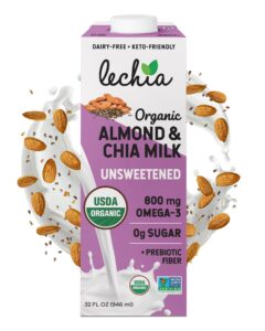 organic almond & chia milk, zero sugar, almond milk, with 800mg omega-3 and prebiotic fiber, vegan, dairy free, gluten free, plant based, lactose free, non-gmo, shelf-stable, low carb, keto, soy free, kosher, lechia, 32oz (6 pack)