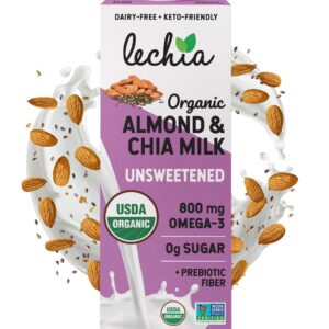 Organic Almond & Chia Milk, Zero Sugar, Almond Milk, with 800mg OMEGA-3 and Prebiotic Fiber, Vegan, Dairy Free, Gluten Free, Plant Based, Lactose Free, Non-GMO, Shelf-Stable, Low Carb, Keto, Soy Free, Kosher, Lechia, 32oz (6 Pack)