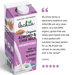 Organic Almond & Chia Milk, Zero Sugar, Almond Milk, with 800mg OMEGA-3 and Prebiotic Fiber, Vegan, Dairy Free, Gluten Free, Plant Based, Lactose Free, Non-GMO, Shelf-Stable, Low Carb, Keto, Soy Free, Kosher, Lechia, 32oz (6 Pack)