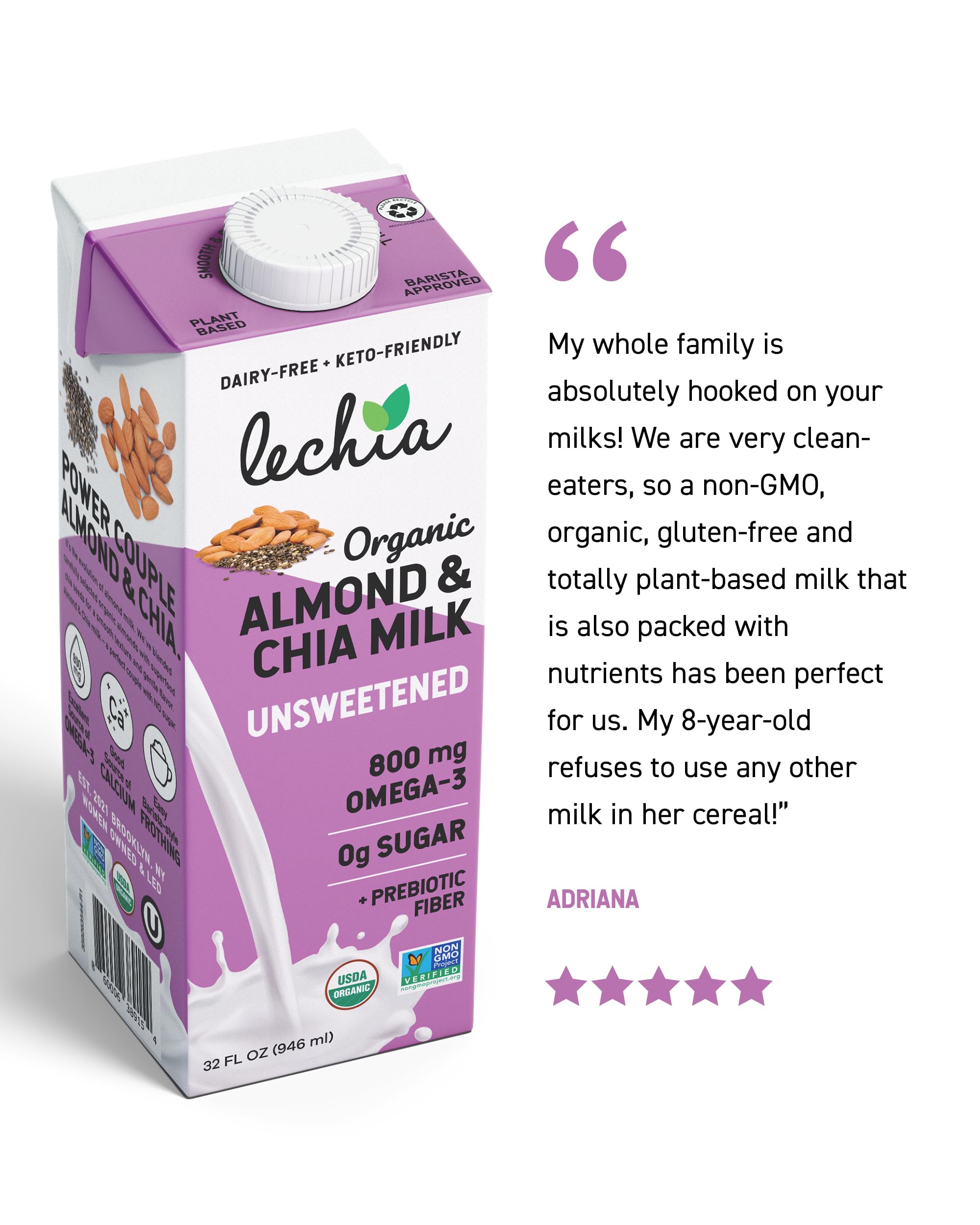 Organic Almond & Chia Milk, Zero Sugar, Almond Milk, with 800mg OMEGA-3 and Prebiotic Fiber, Vegan, Dairy Free, Gluten Free, Plant Based, Lactose Free, Non-GMO, Shelf-Stable, Low Carb, Keto, Soy Free, Kosher, Lechia, 32oz (6 Pack)