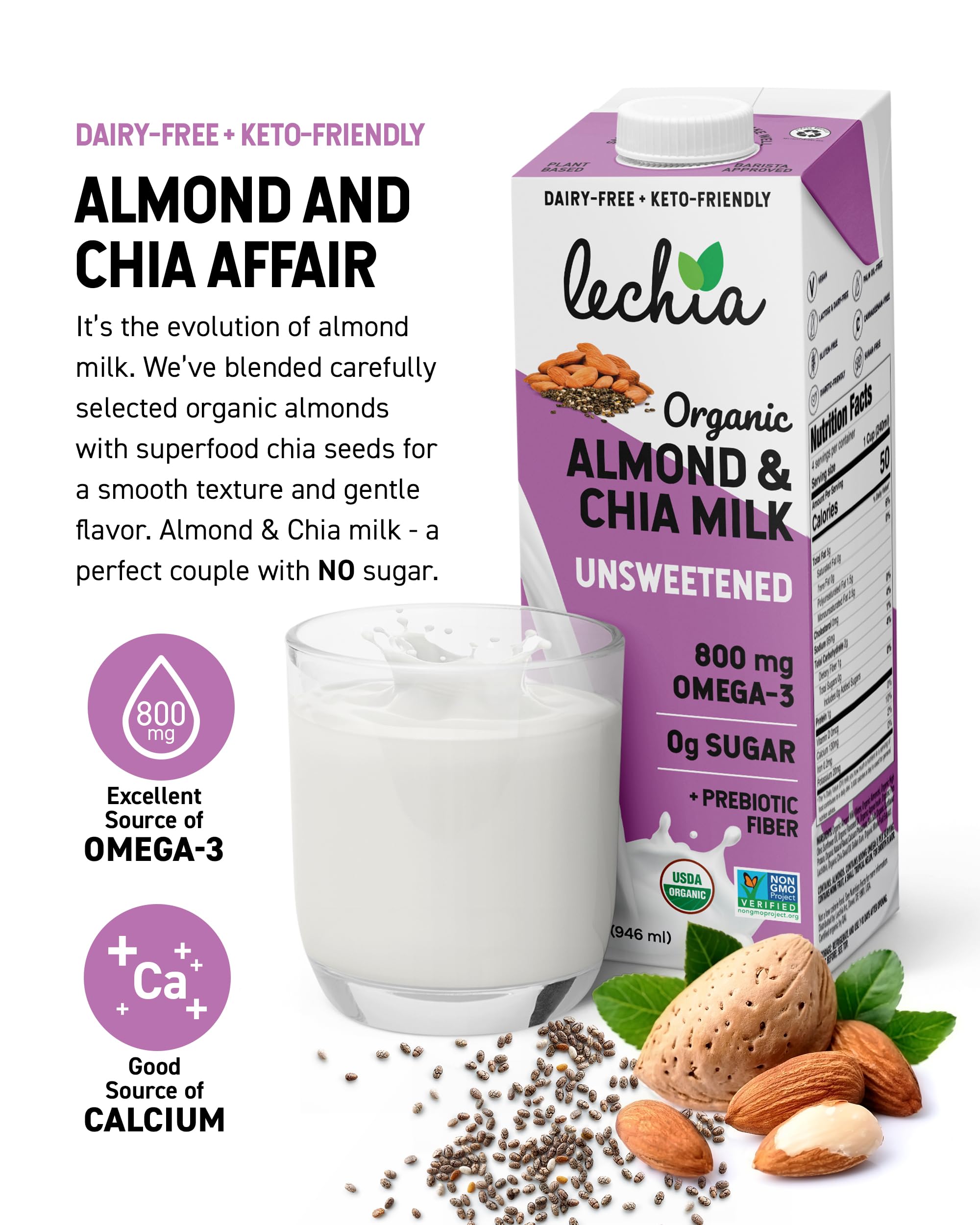 Organic Almond & Chia Milk, Zero Sugar, Almond Milk, with 800mg OMEGA-3 and Prebiotic Fiber, Vegan, Dairy Free, Gluten Free, Plant Based, Lactose Free, Non-GMO, Shelf-Stable, Low Carb, Keto, Soy Free, Kosher, Lechia, 32oz (6 Pack)