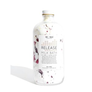 release milk bath - vegan bath soak with organic coconut milk, cocoa butter, rose petal flakes & essential oils - relaxing milk bath for cleansing & hydration - apothecary jar