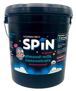 wilderness poets spin, organic almond milk concentrate (unsweetened) - (1 gallon - 8 pound) - 228 servings - make almond milk or non-dairy creamer for coffee, tea, lattes, smoothies and vegan desserts (128 ounce - 8 pound)