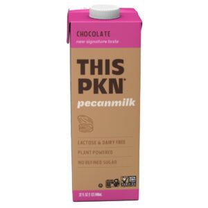 this pkn pecan nut milk chocolate non dairy milk alternative, made from real texas pecans, plant based chocolate milk, made without added sugars and no gmos or lactose (32oz, pack of 6)